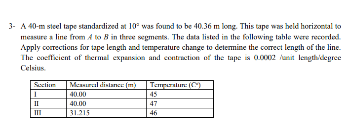 Solved 3- A 40-m steel tape standardized at 10∘ was found to | Chegg.com