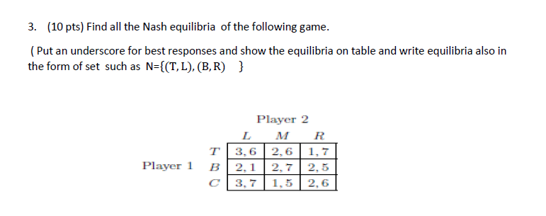 Solved 3. (10 pts) Find all the Nash equilibria of the | Chegg.com