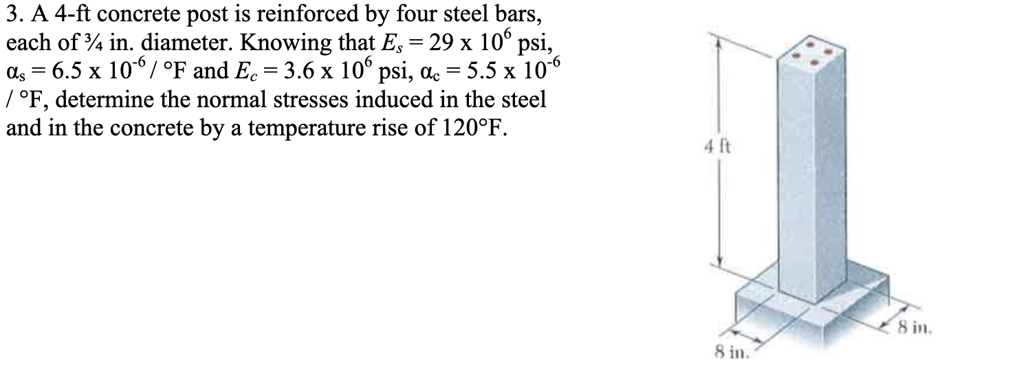 Solved 3. A 4-ft concrete post is reinforced by four steel | Chegg.com
