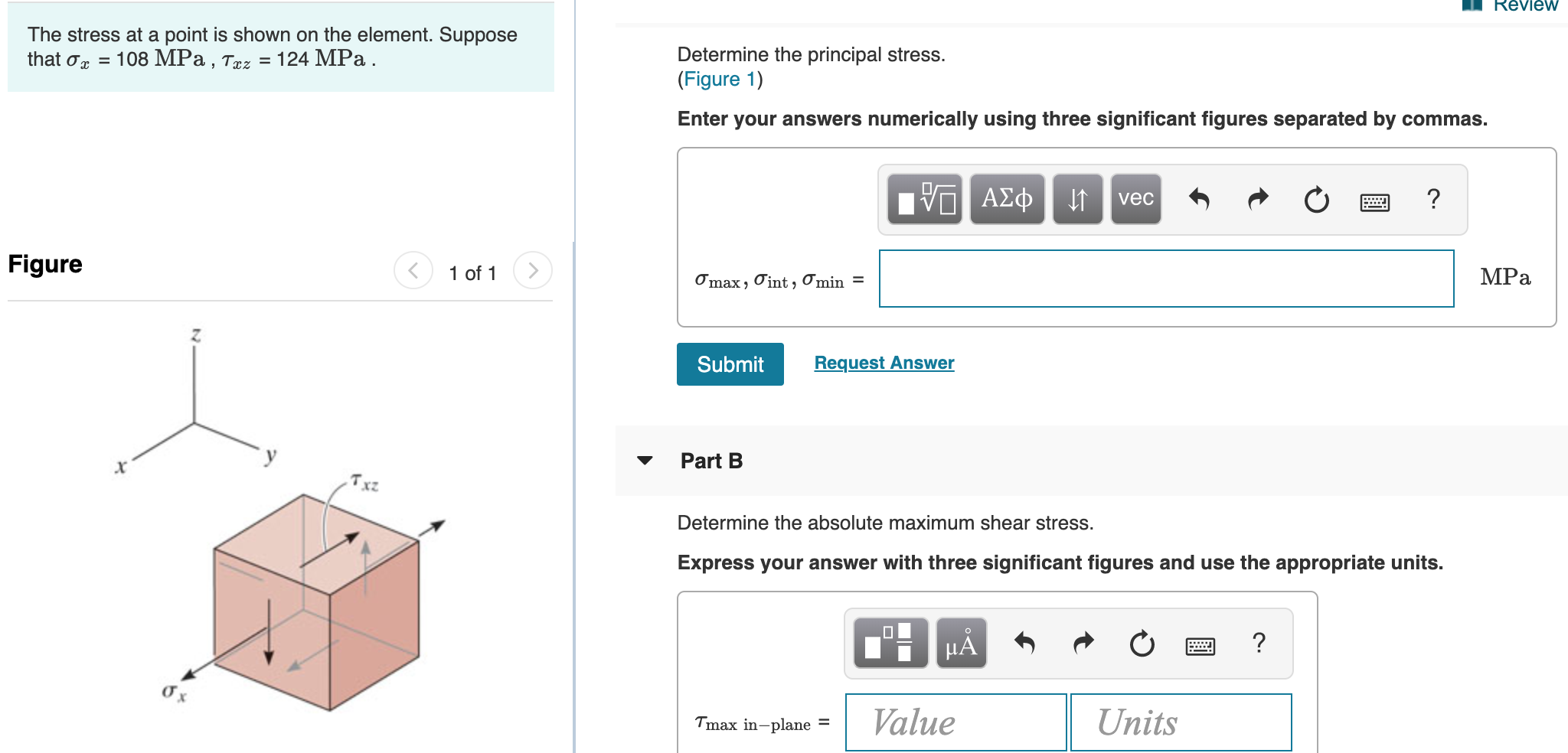 Solved 1 Review The stress at a point is shown on the | Chegg.com