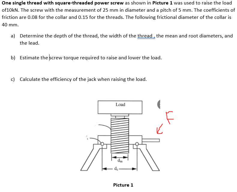 Solved One single thread with square-threaded power screw as | Chegg.com