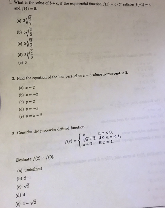 Solved 1. What is the value of b+ c, if the exponential | Chegg.com