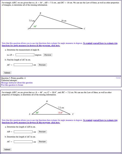 Solved For triangle ABC, we are given that m∠A=54∘,AB=7.5 | Chegg.com