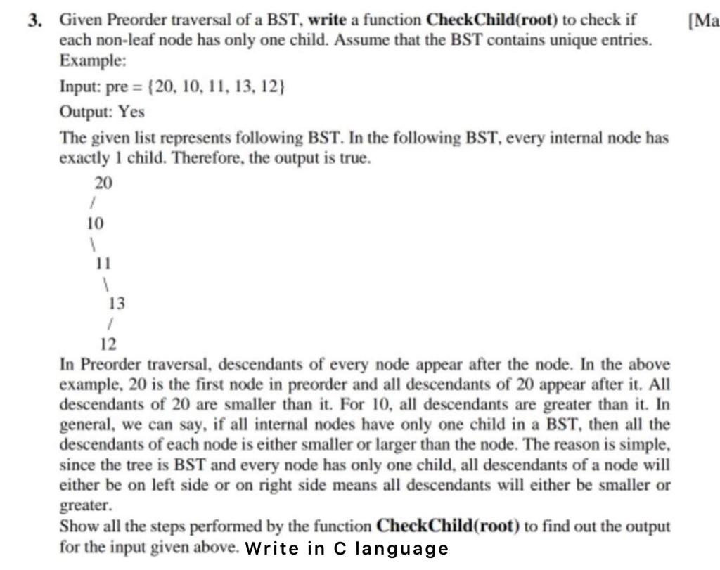 Solved [Ma 3. Given Preorder traversal of a BST, write a | Chegg.com