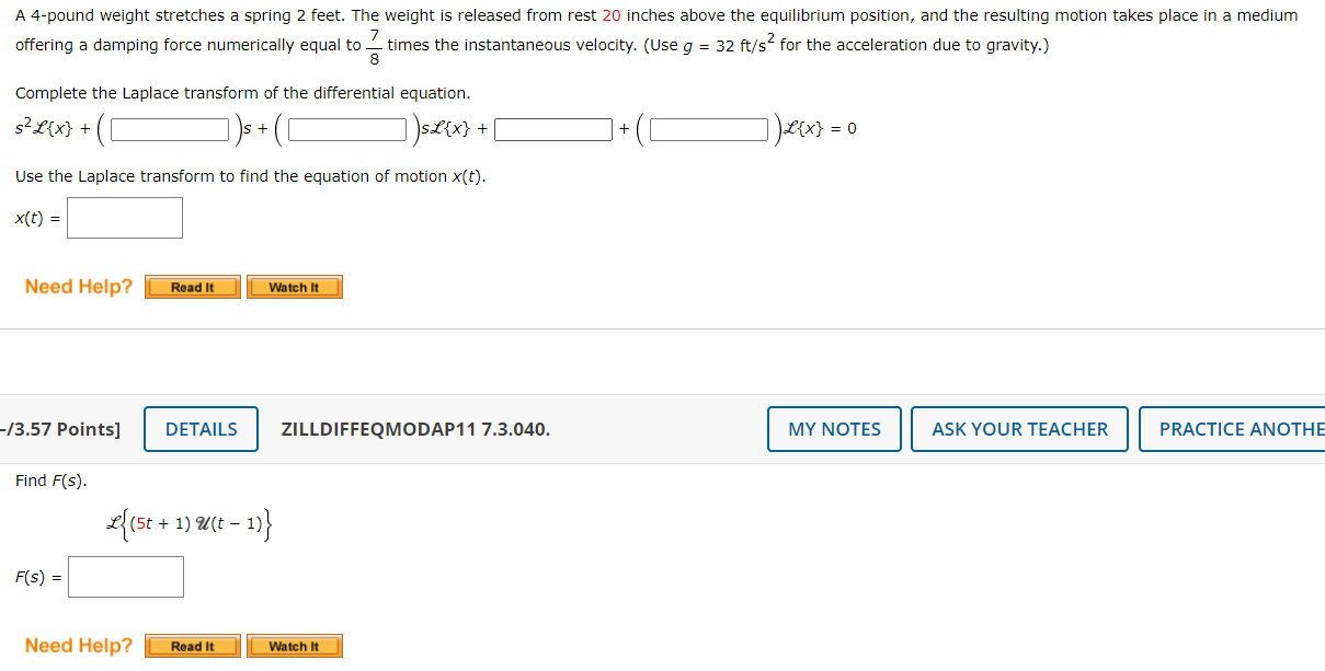 Solved A 4-pound weight stretches a spring 2 feet. The | Chegg.com