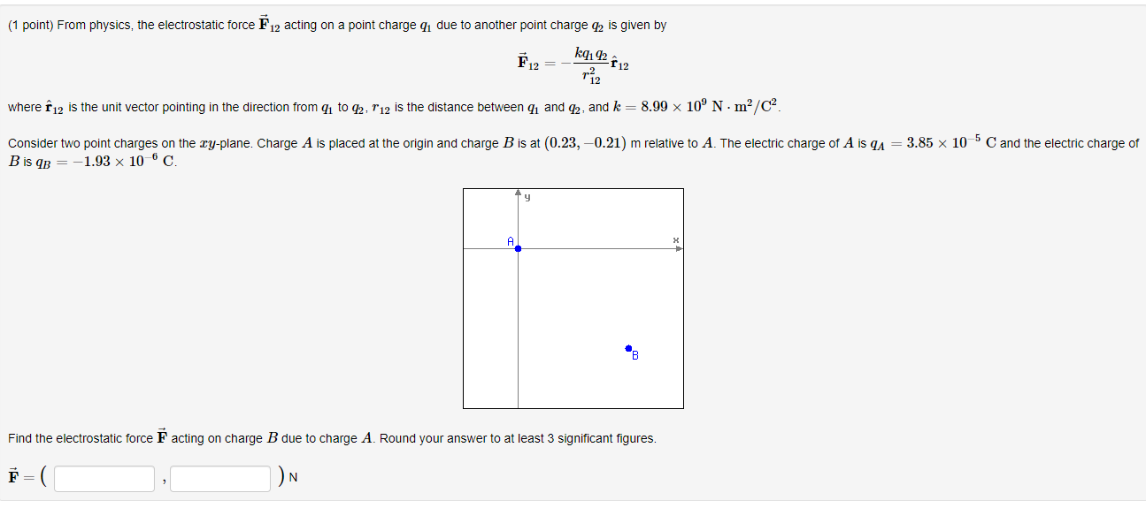 Solved (1 point) From physics, the electrostatic force F 12 | Chegg.com