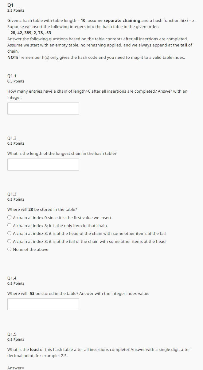 Solved Q1 2.5 Points Given a hash table with table length | Chegg.com
