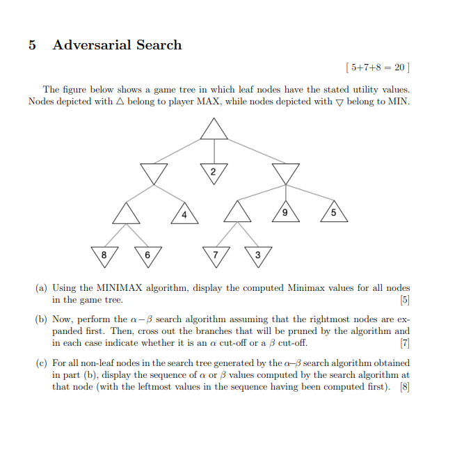 Solved 5 Adversarial Search ( 5+7+8 = 20 ] The figure below | Chegg.com