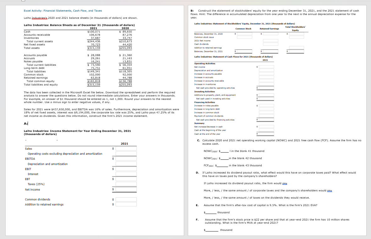 Solved Excel Activity: Financial Statements, Cash Flow, and | Chegg.com