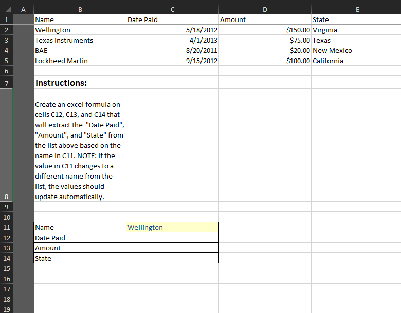 Solved A B C D E Instructions: Create an excel formula | Chegg.com