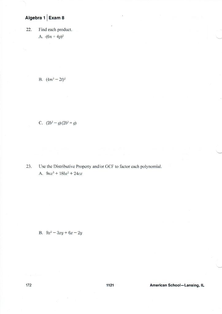 Solved Algebra 1 Exam 8 22. Find each product. A. (6n + 4p) | Chegg.com