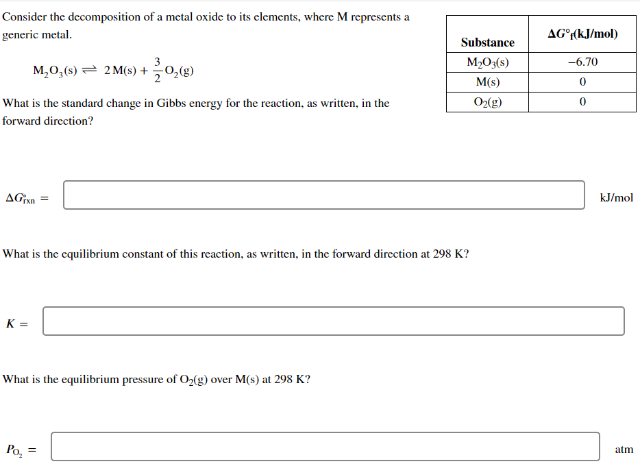 Consider the decomposition of a metal oxide to its | Chegg.com