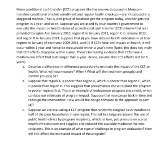 Solved Many conditional cash transfer CCT) programs like the | Chegg.com