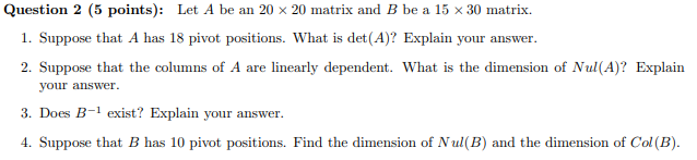 Solved Question 2 (5 points): Let A be an 20 x 20 matrix and | Chegg.com