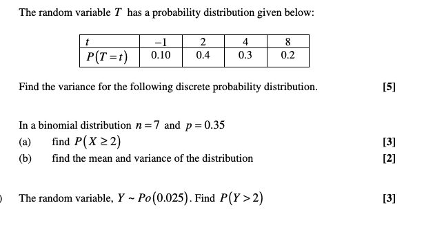 Solved The random variable T has a probability distribution | Chegg.com