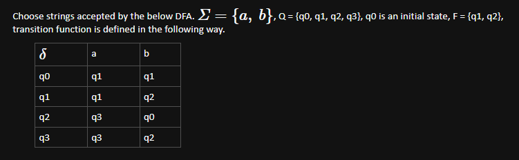 Solved Choose strings accepted by the below DFA. | Chegg.com