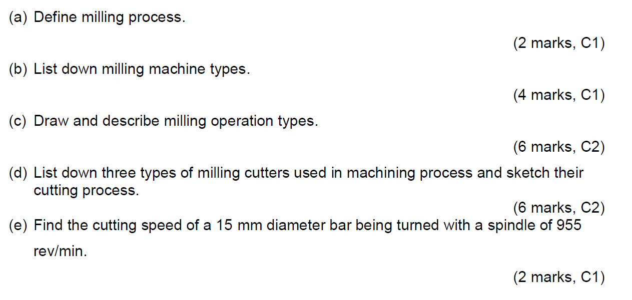 Solved (a) Define milling process. (2 marks, C1) (b) List | Chegg.com