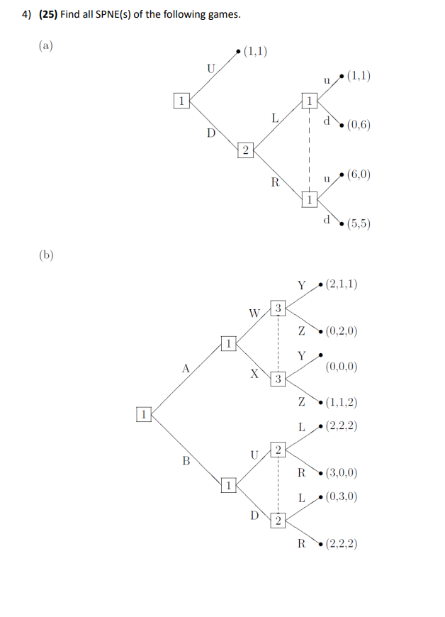 Solved 4) (25) Find all SPNE(s) of the following games. | Chegg.com