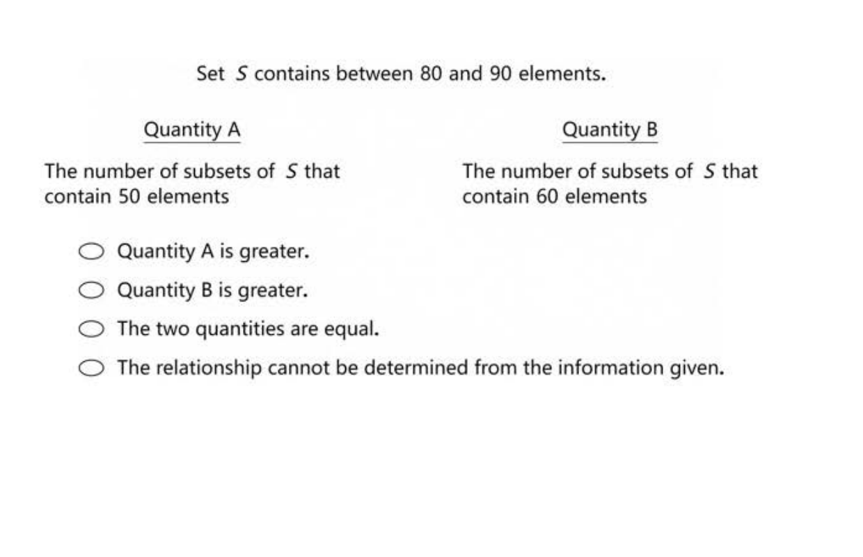 Solved Set S contains between 80 and 90 elements. Quantity A | Chegg.com