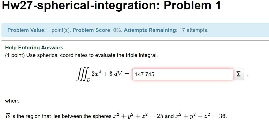 Solved Hw27-spherical-integration: Problem 1 Problem Value: | Chegg.com