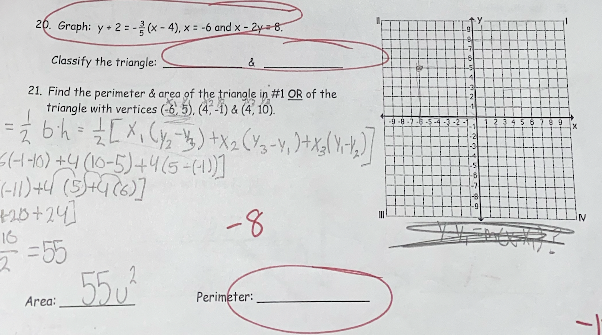 Solved 20. Graph: y+2=−53(x−4),x=−6 and x−2y=−8. Classify | Chegg.com