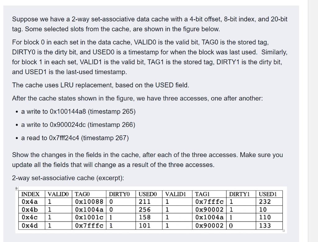 Solved Suppose we have a 2-way set-associative data cache | Chegg.com