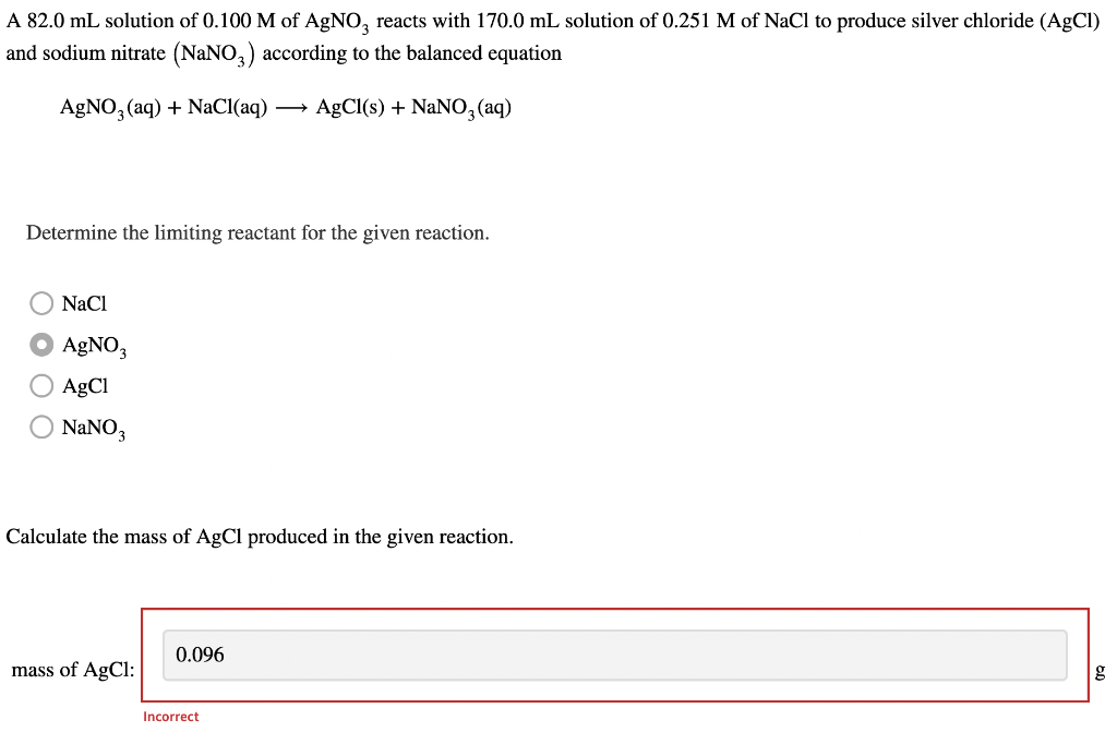 Solved A 82.0 mL solution of 0.100M of AgNO3 reacts with | Chegg.com