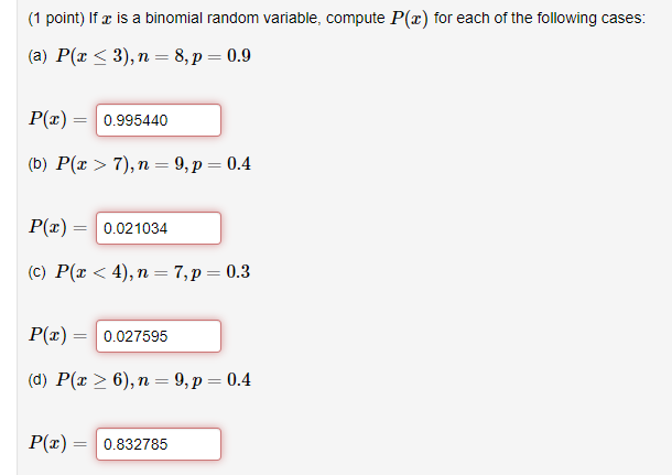 Solved (1 point) If z is a binomial random variable, compute | Chegg.com