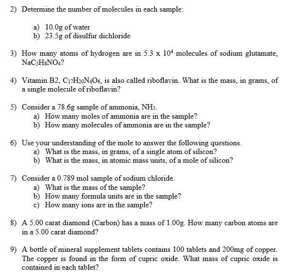 Solved 2) Determine the number of molecules in each sample: | Chegg.com