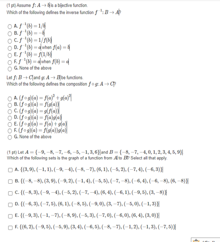 Solved (1 pt) Assume f: Ais a bijective function Which of | Chegg.com