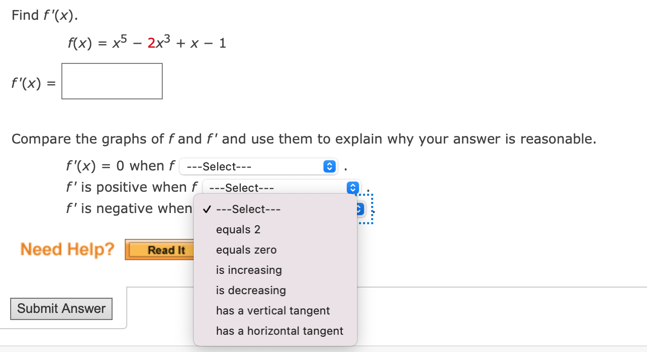 Solved Find f′(x) f(x)=x5−2x3+x−1 f′(x)= Compare the graphs | Chegg.com