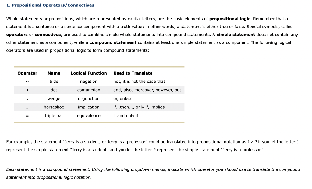 1. Propositional Operators/Connectives Whole | Chegg.com