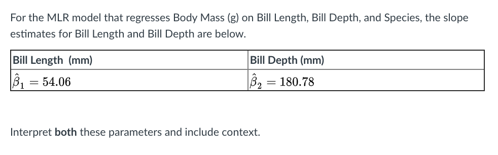 Solved For the MLR model that regresses Body Mass (g) on | Chegg.com