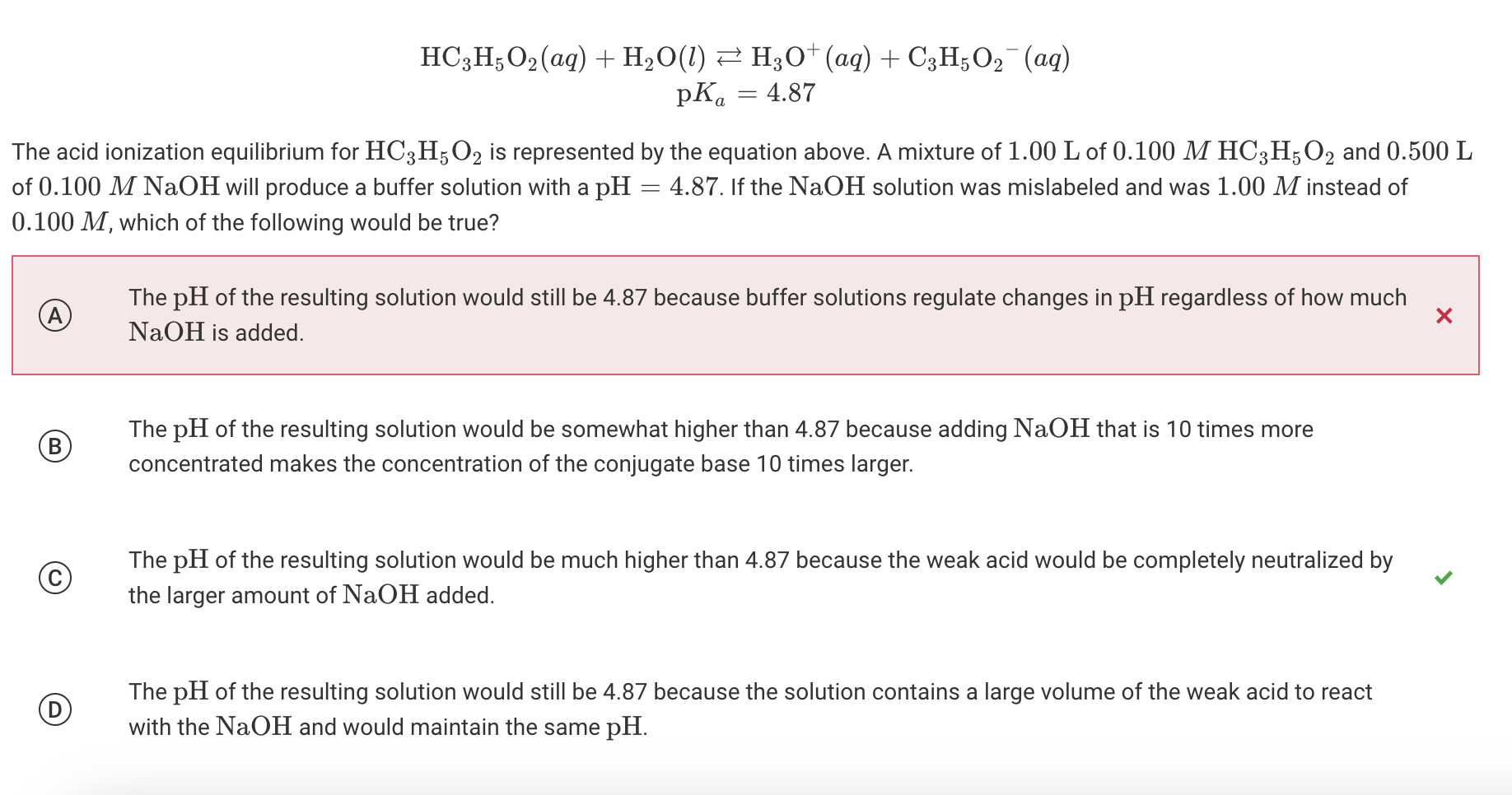 Solved HC3H5O2(aq)+H2O(l)⇄H3O+(aq)+C3H5O2−(aq)pKa=4.87 e | Chegg.com
