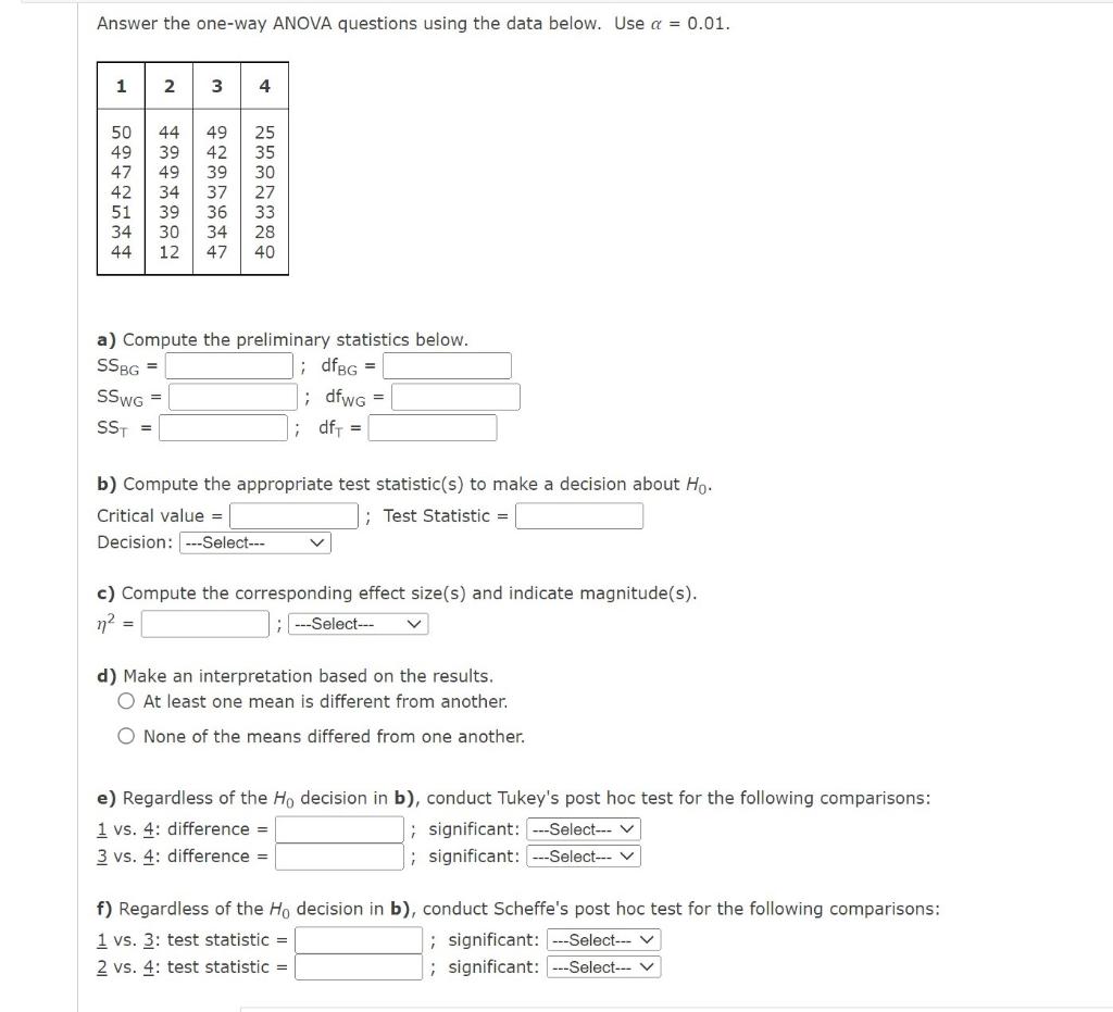 Solved Answer the one-way ANOVA questions using the data | Chegg.com