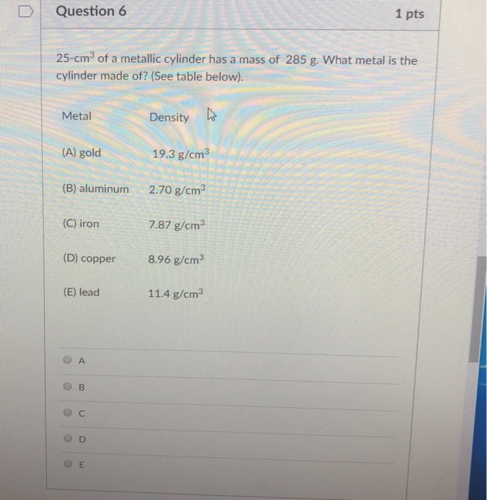 Solved Question 6 1 pts 25-cm3 of a metallic cylinder has a | Chegg.com