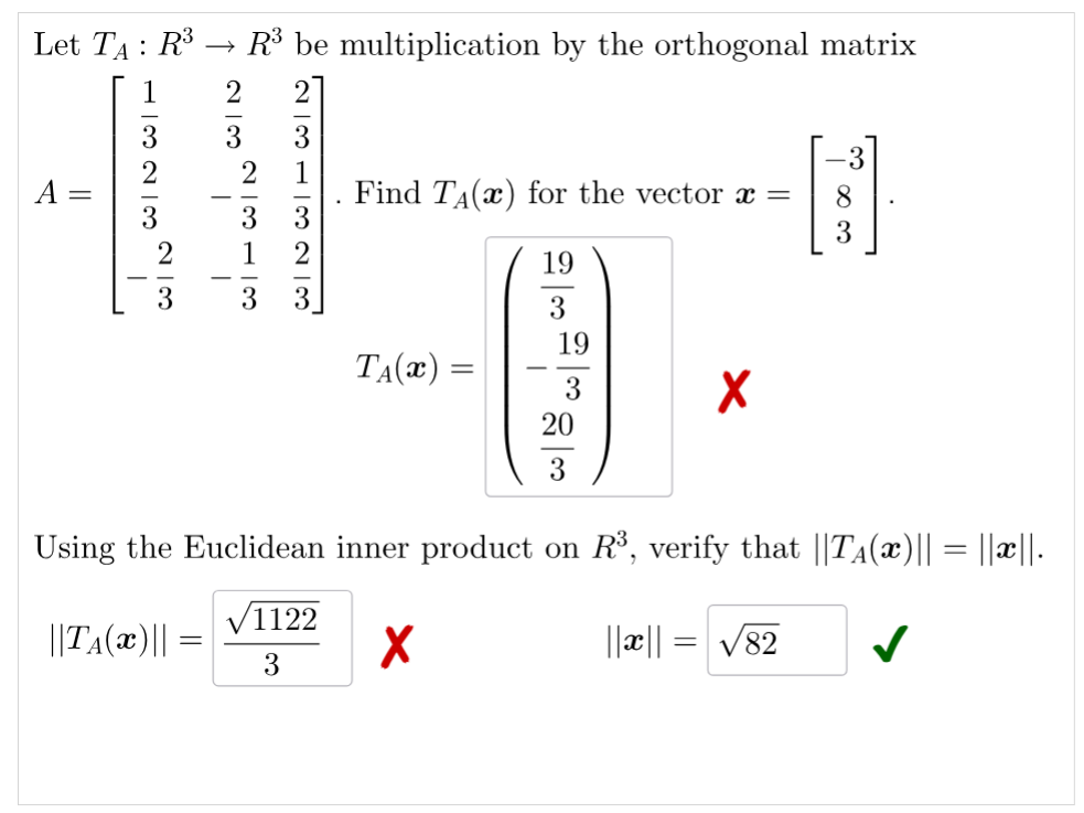 Solved Let TA:R3→R3 be multiplication by the orthogonal | Chegg.com