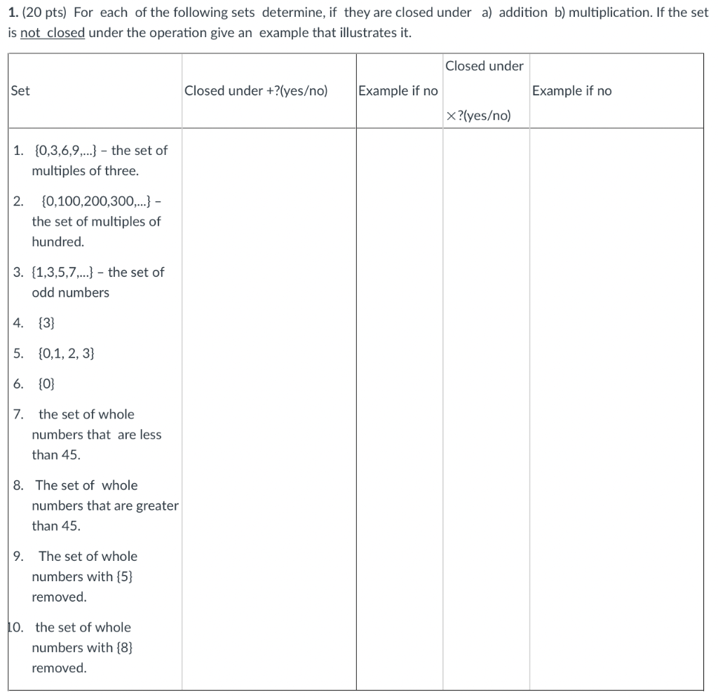 Solved 1. (20 pts) For each of the following sets determine, | Chegg.com