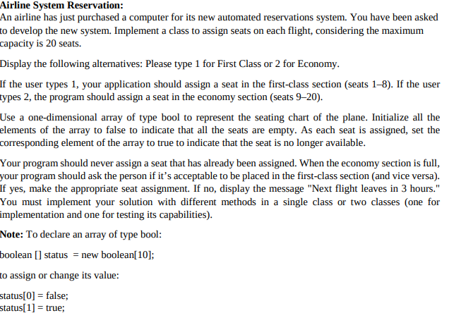 Solved Airline System Reservation: An airline has just | Chegg.com