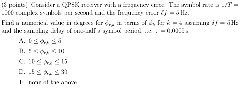 Solved (3 points) Consider a QPSK receiver with a frequency | Chegg.com