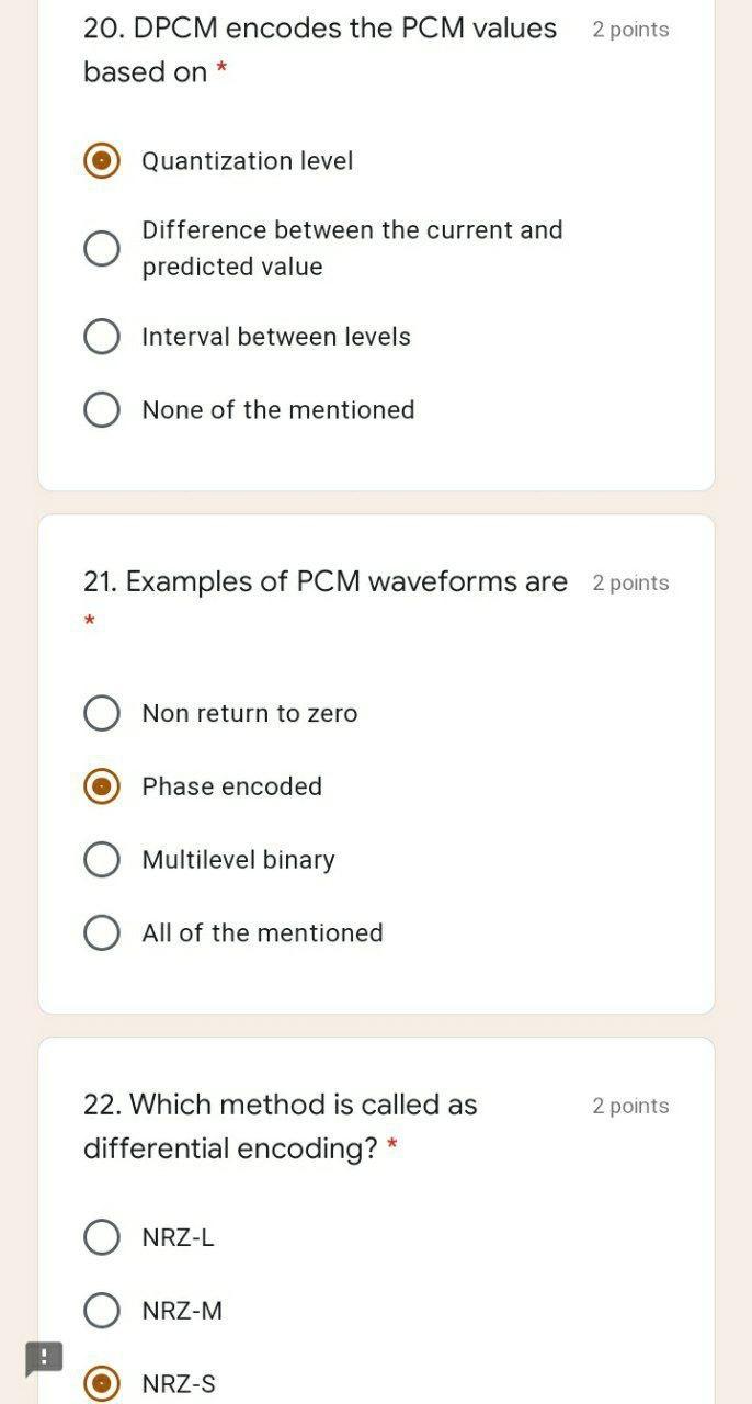 Solved 2 points 20. DPCM encodes the PCM values based on * | Chegg.com
