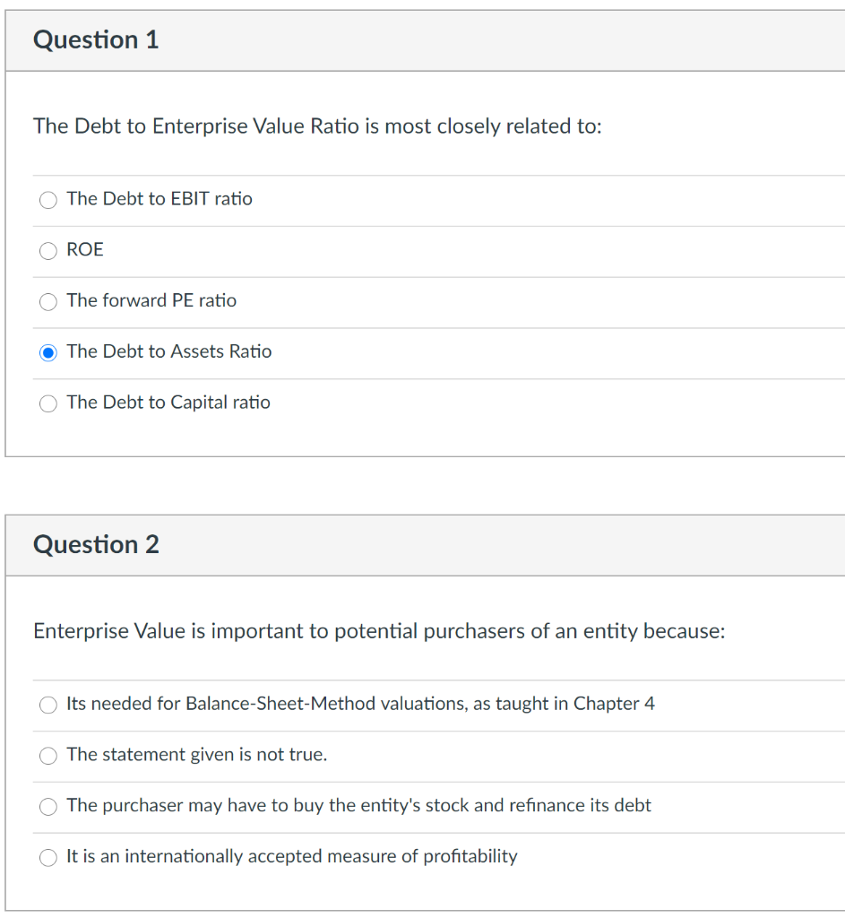 Solved Question 1 The Debt to Enterprise Value Ratio is most | Chegg.com