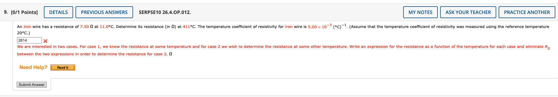 Solved [0/1 ﻿Points]SERPSE10 26.4.OP.012. 20°C.)2814 \times | Chegg.com
