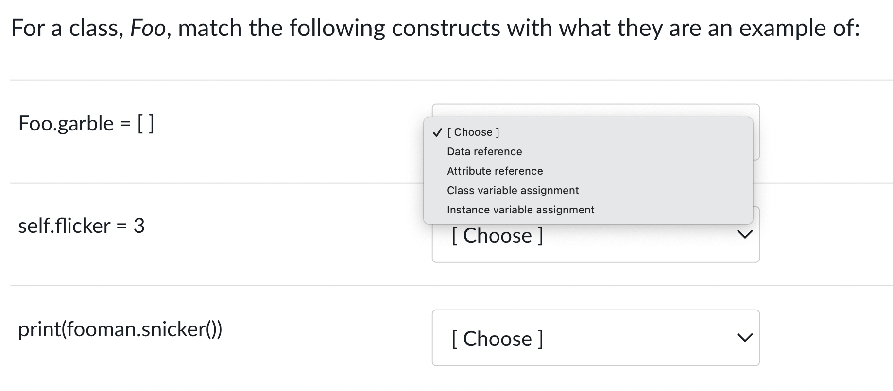 Solved For a class, Foo, match the following constructs with | Chegg.com