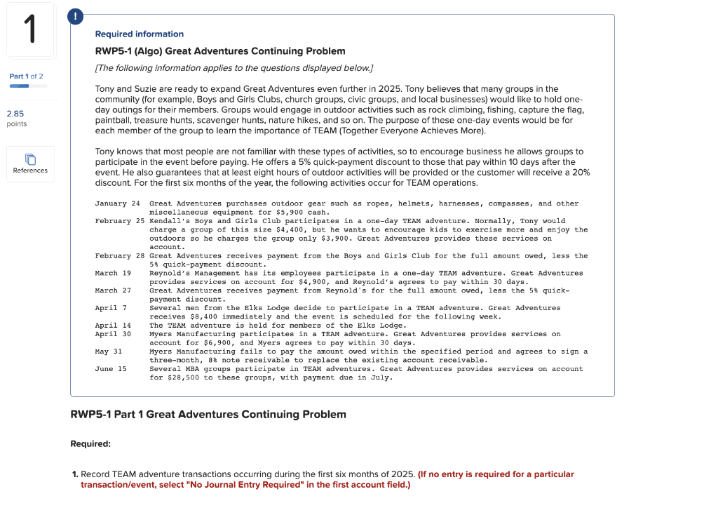 Solved Required information RWP5-1 (Algo) Great Adventures | Chegg.com