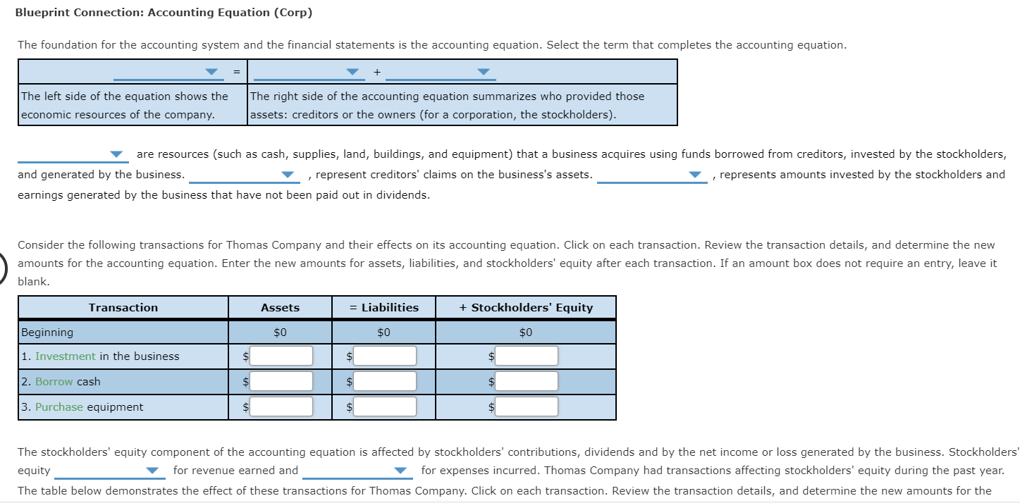 Solved Blueprint Connection: Accounting Equation (Corp) The | Chegg.com