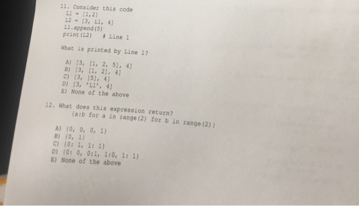 Solved 11. Consider this code L1- 【1,2) L1 , append (5) | Chegg.com