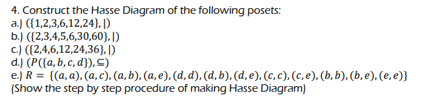 Solved 4. Construct the Hasse Diagram of the following | Chegg.com