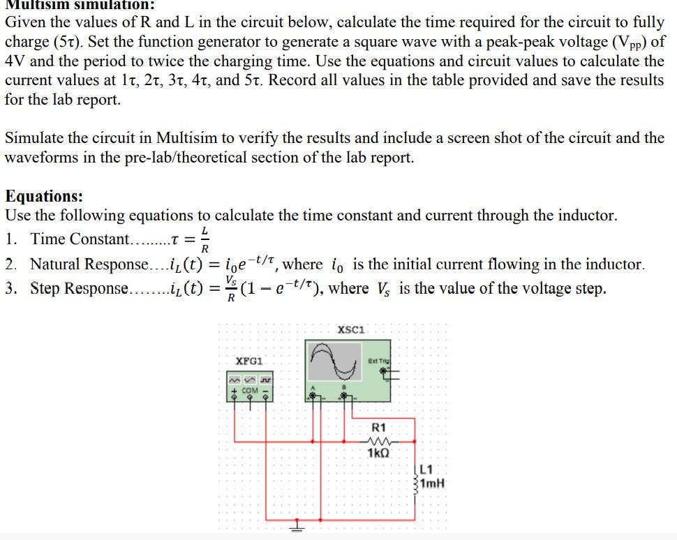 Multisim simulation: Given the values of R and L in | Chegg.com