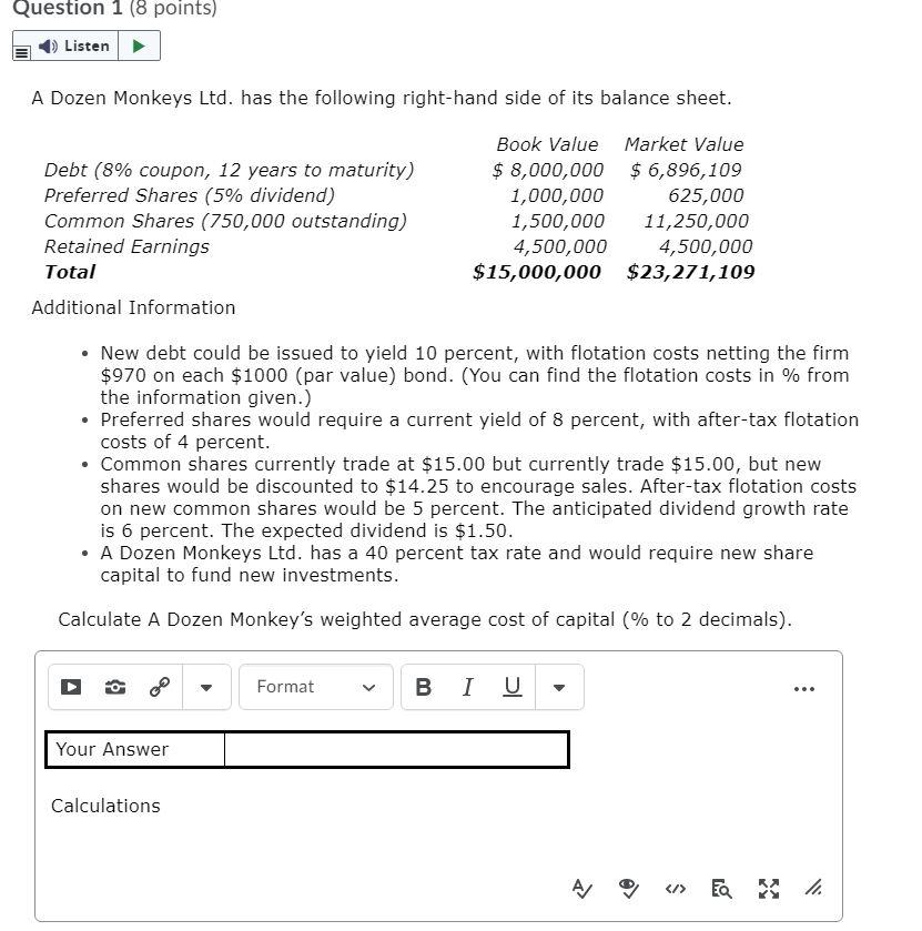 Question 1 (8 points) Listen A Dozen Monkeys Ltd. has | Chegg.com